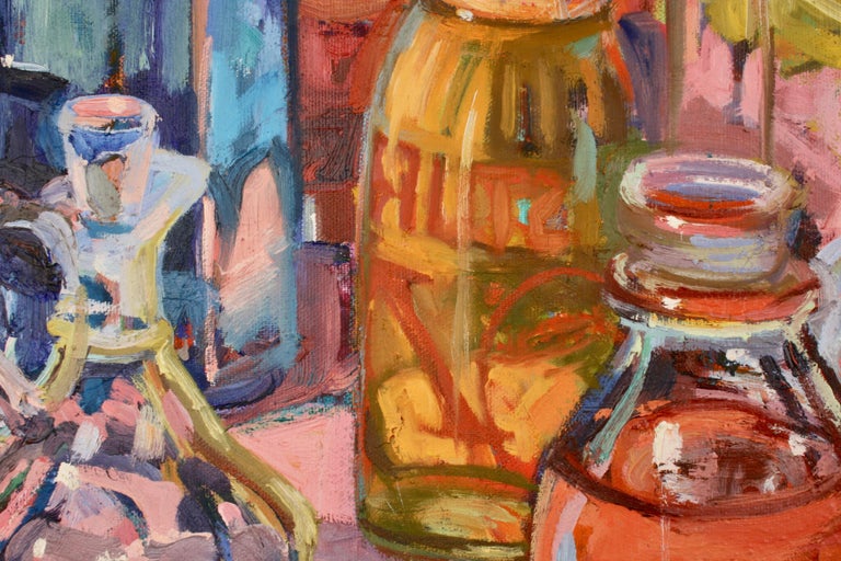 Jill Pottle - "Milk Bottles", oil painting, bold colors, retro, ready ...