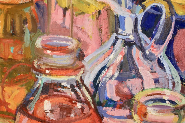 Jill Pottle - "Milk Bottles", oil painting, bold colors, retro, ready ...