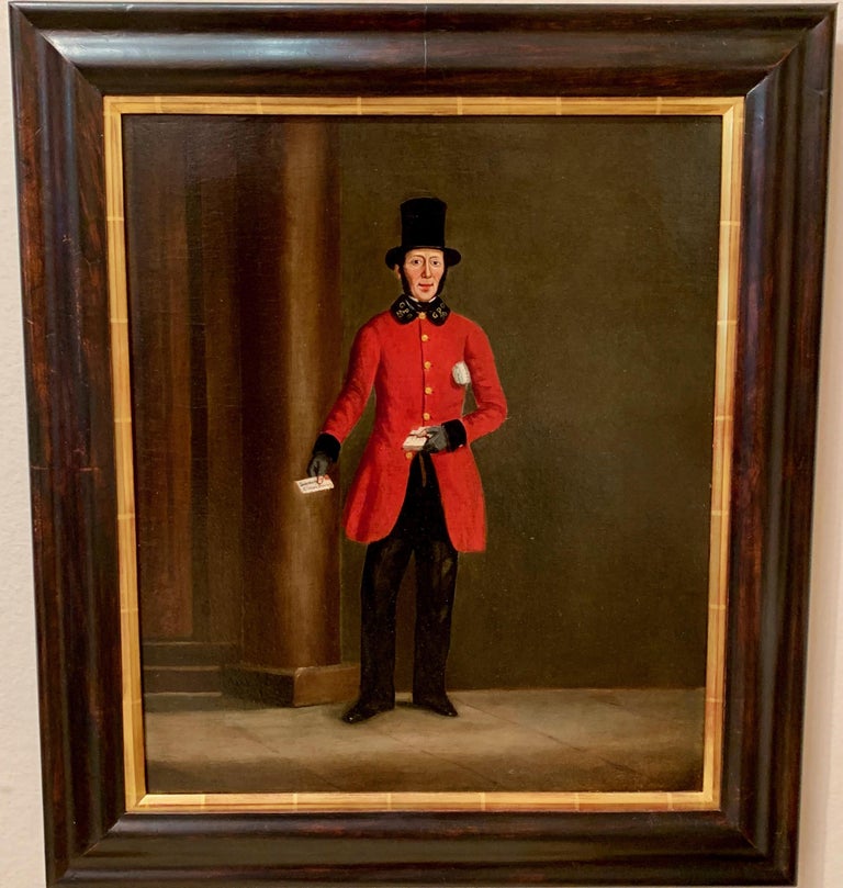 English portrait of a mid 19th century Postman in red jacket, holding ...
