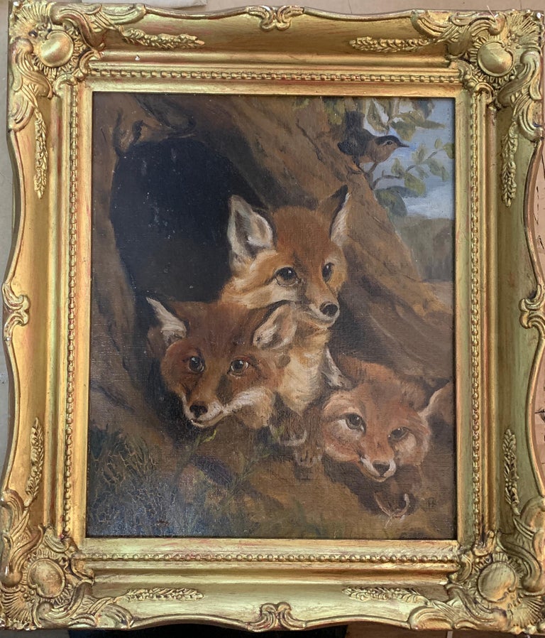 E. L - 19th century Victorian English study of Fox cubs in a landscape ...