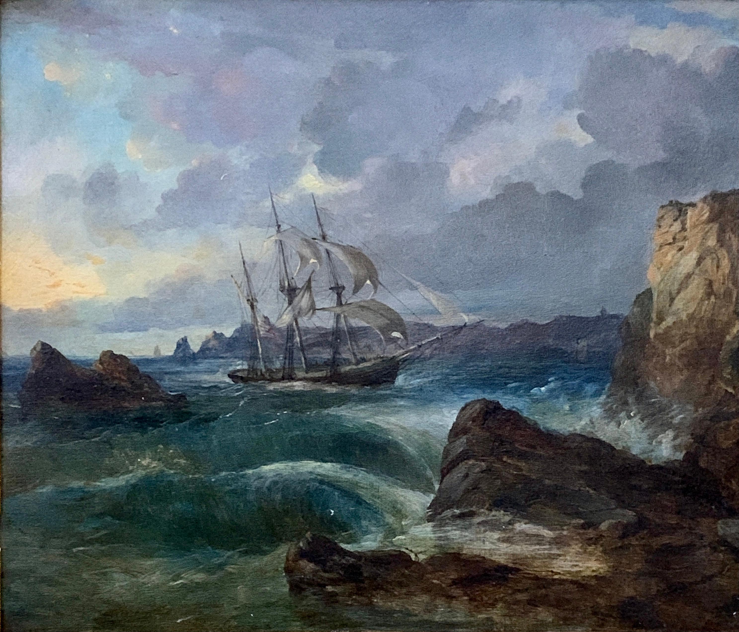 British 19th century Victorian boat off the coast of England in rough ...