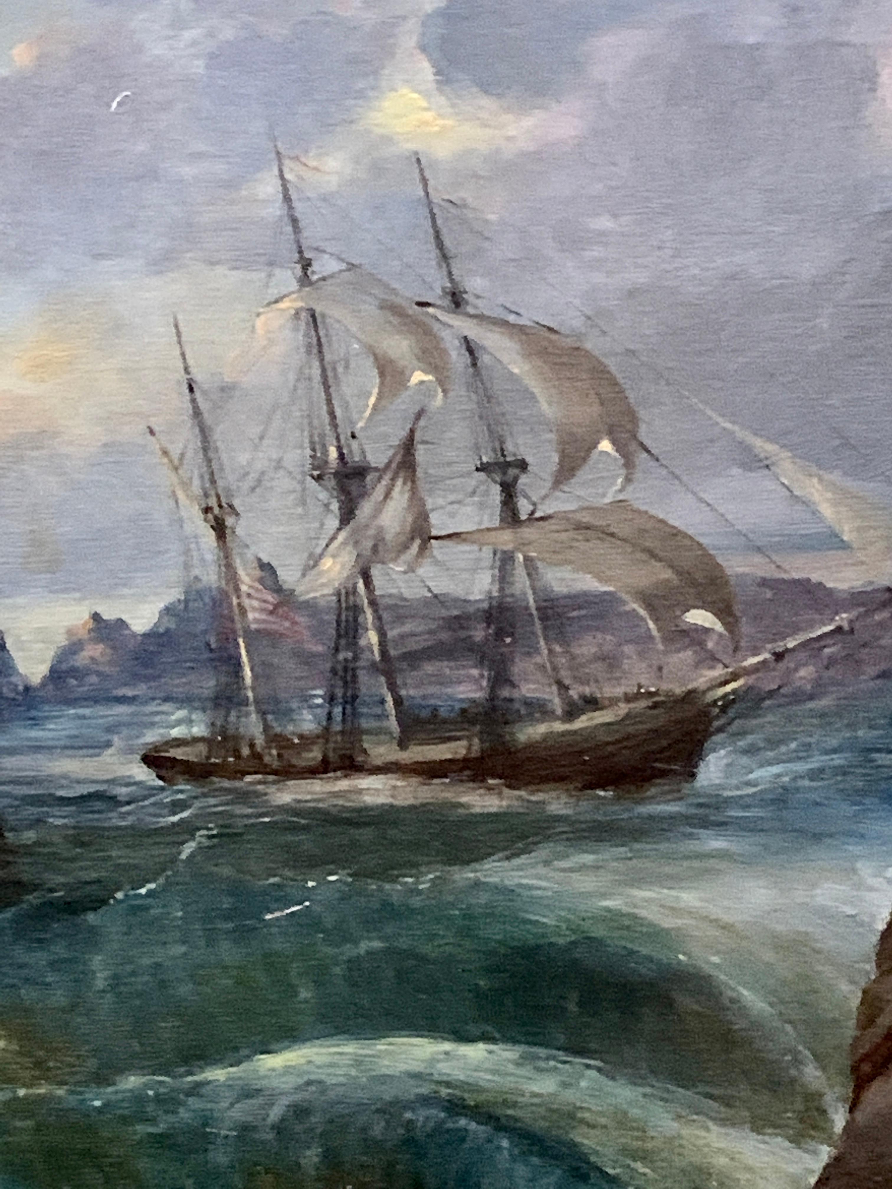 British 19th century Victorian boat off the coast of England in rough ...