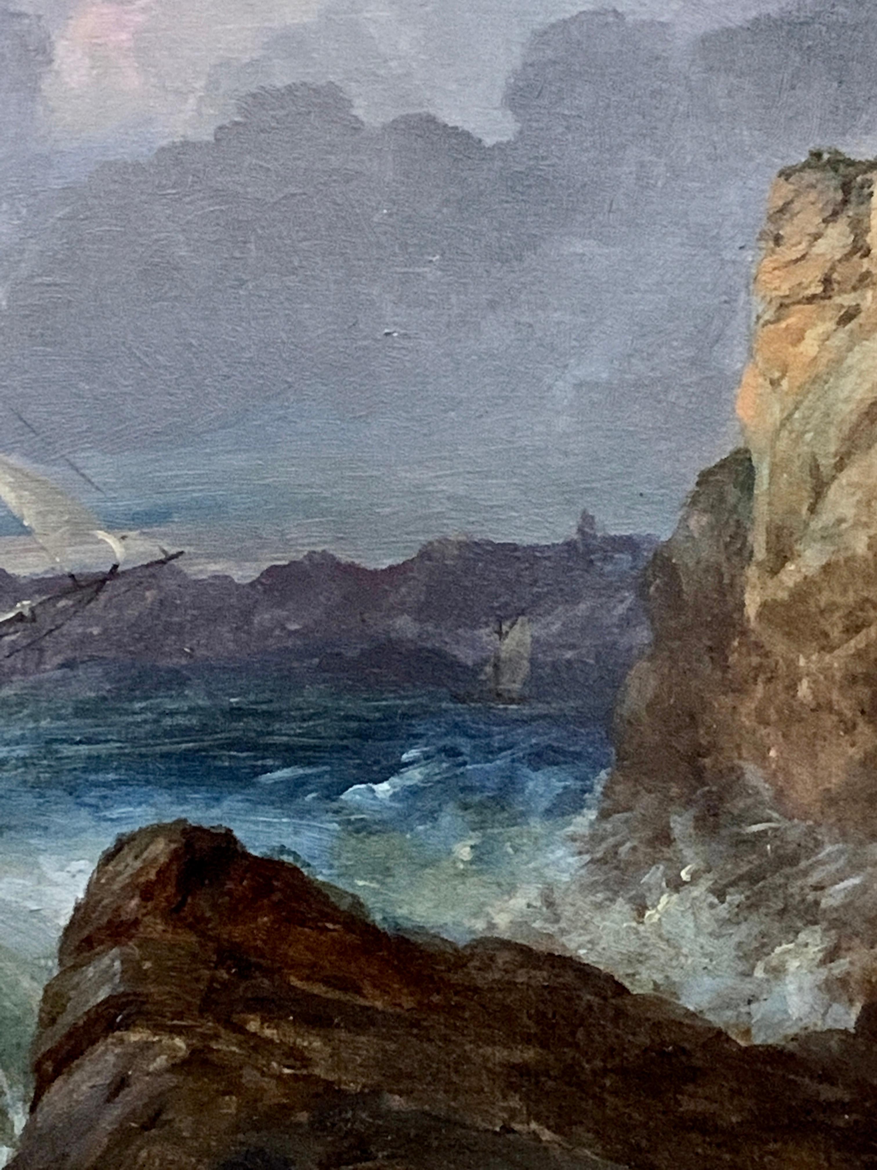 British 19th century Victorian boat off the coast of England in rough ...