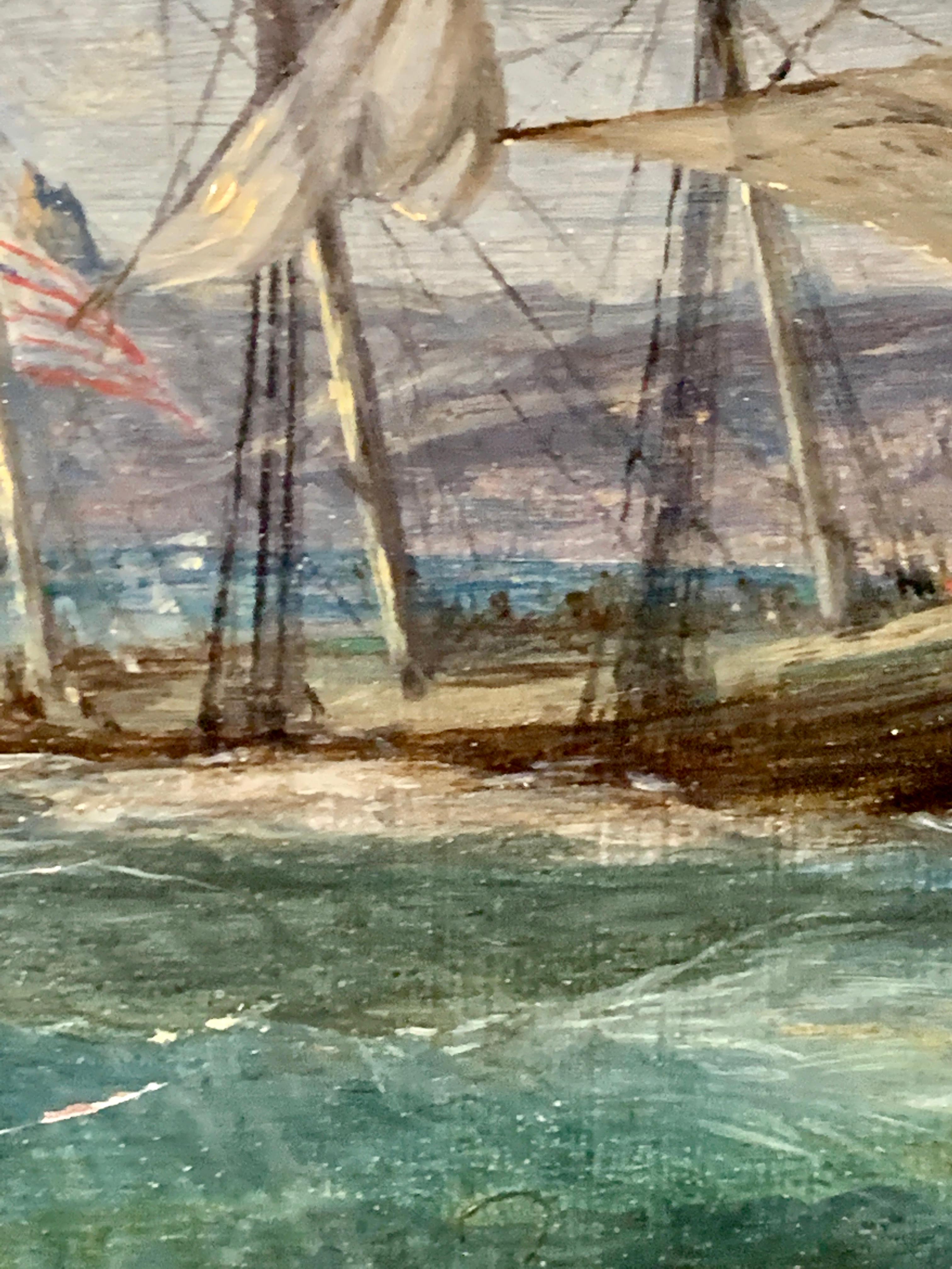 British 19th century Victorian boat off the coast of England in rough ...