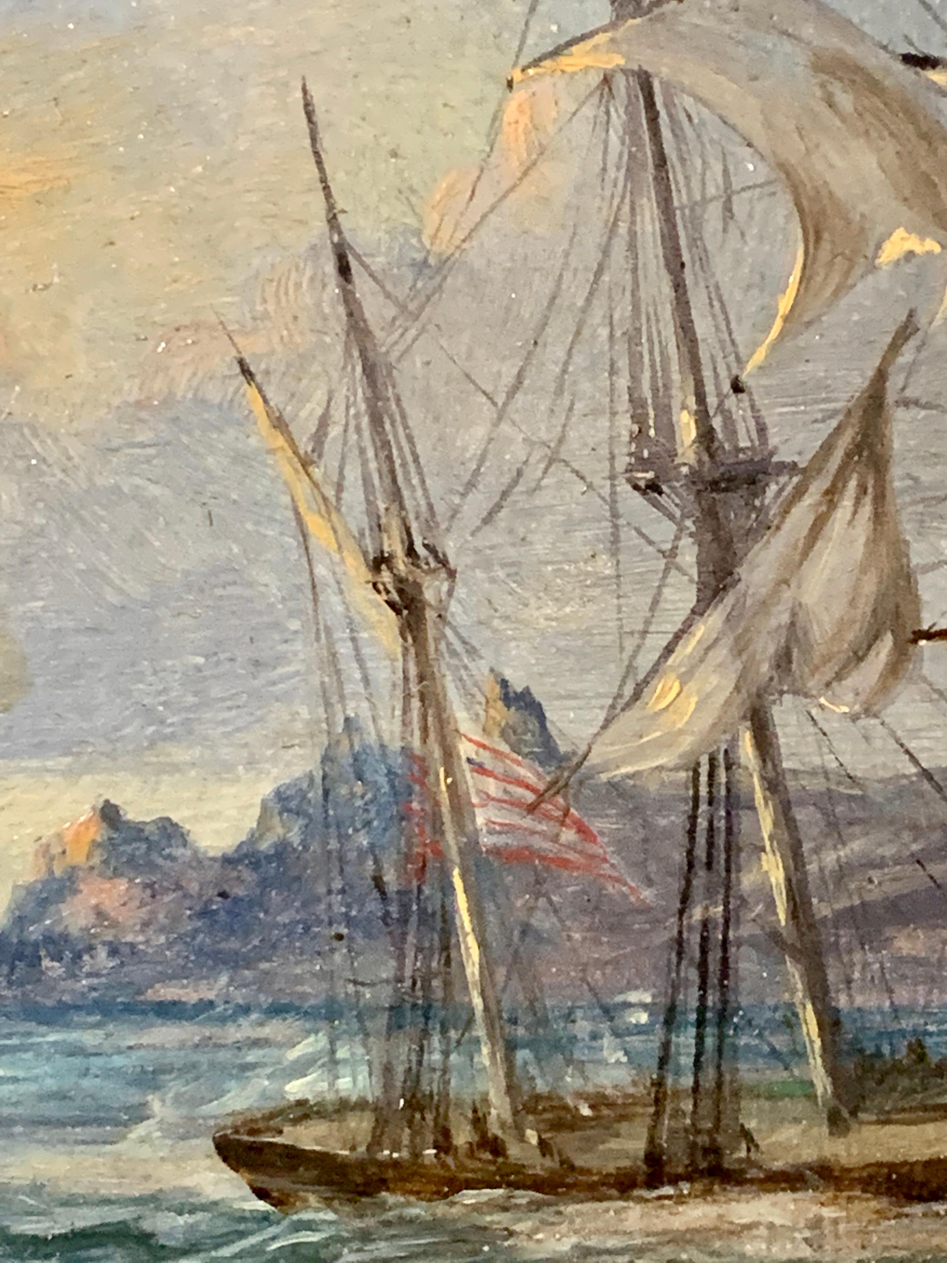 British 19th century Victorian boat off the coast of England in rough ...