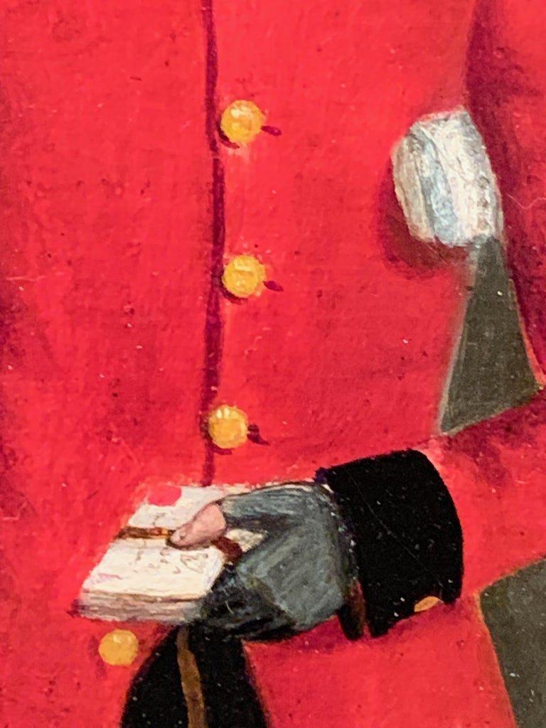 English portrait of a mid 19th century Postman in red jacket, holding ...