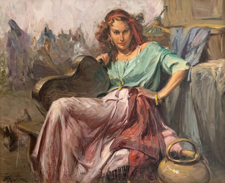 Richard Durand Togo - The Guitar Playing Girl - Beautiful Large oil ...