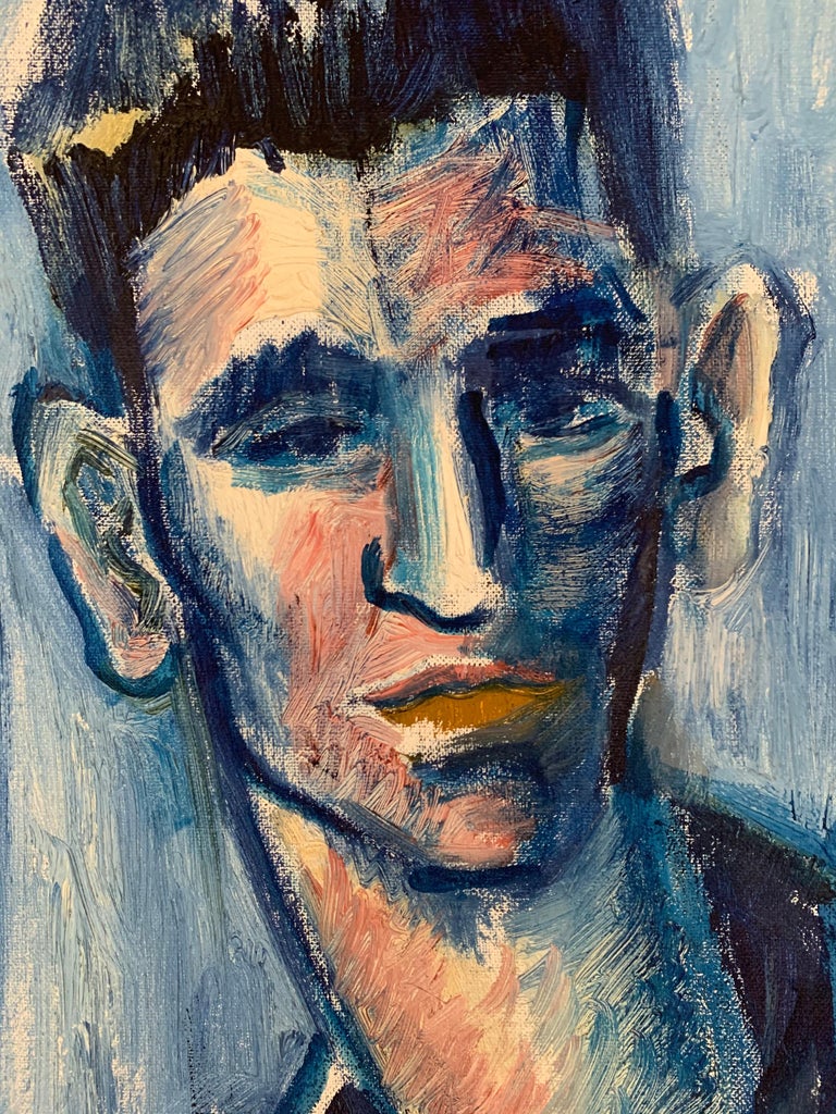 French painter - Portrait of Young Man in Blue, French School, oil on ...