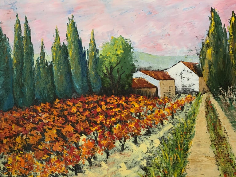 Provence artist - Autumn Vineyard in Provence, Cypress Trees and ...