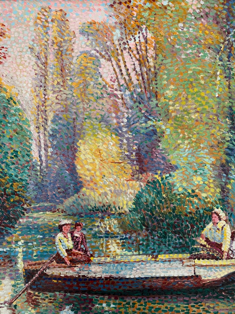 Girard - French Pointillist Signed Oil Painting Figures on River in ...