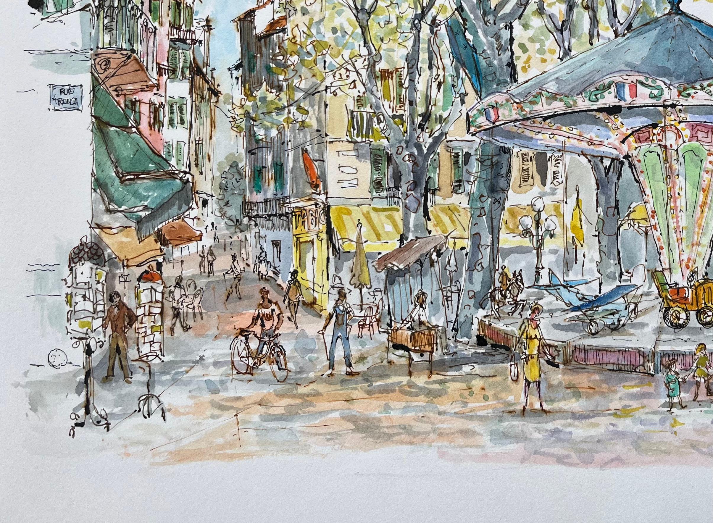 Robert Lepine (1929 - 2017) - French Watercolor of Menton’s Place des ...