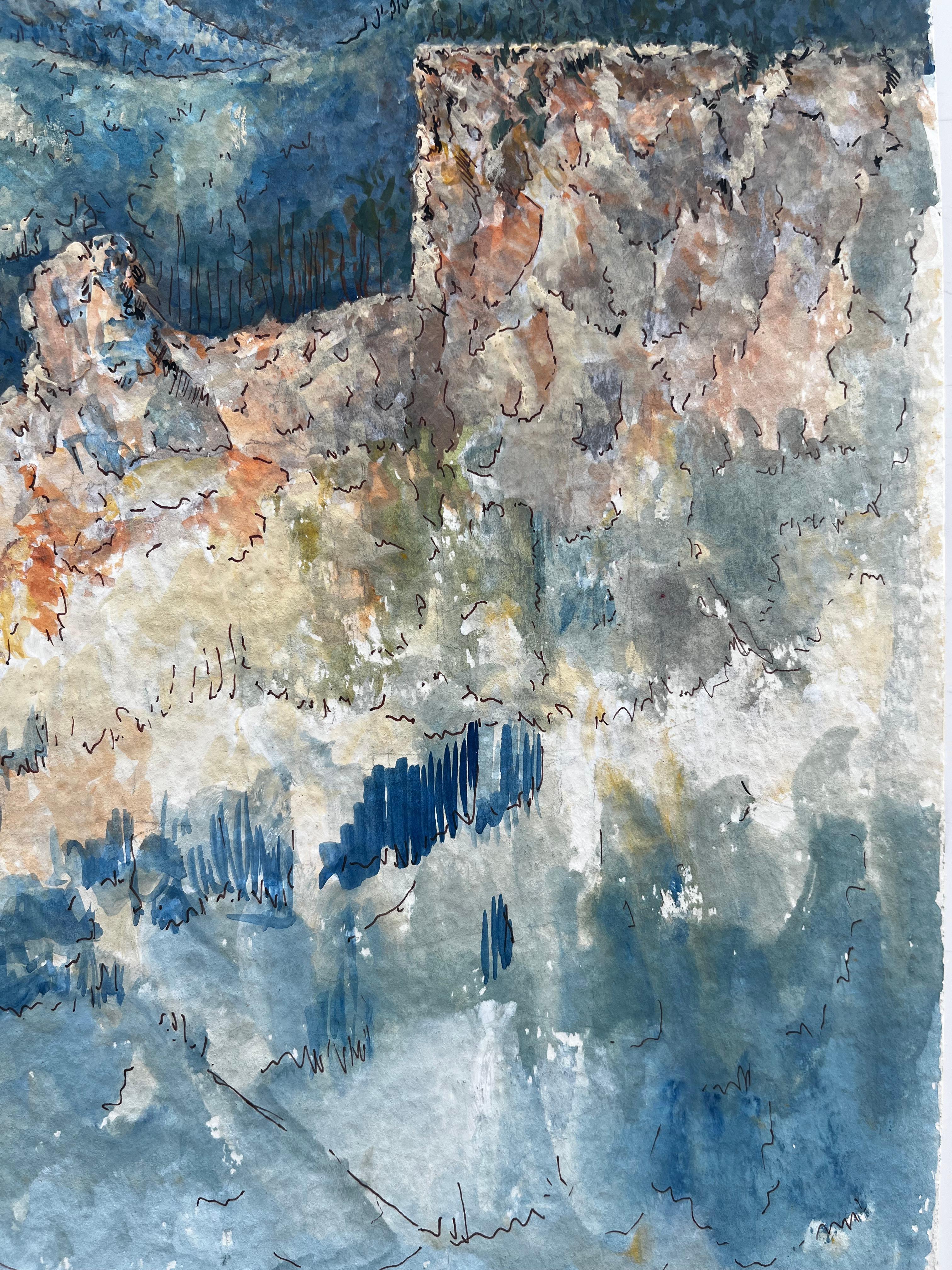 Bernard Labbe - French Mountain Landscape Blue Valley Watercolor Ink ...