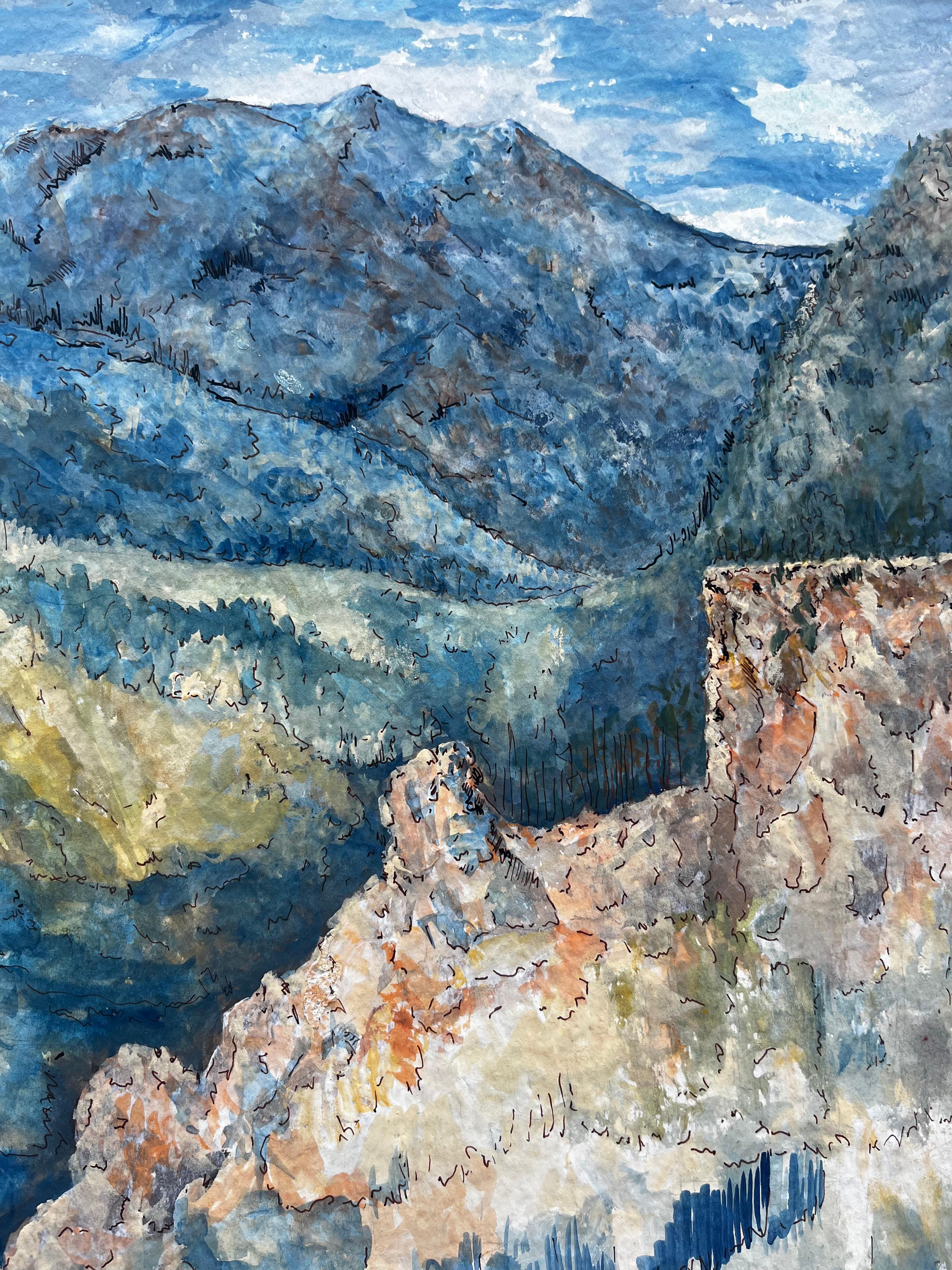 Bernard Labbe - French Mountain Landscape Blue Valley Watercolor Ink ...