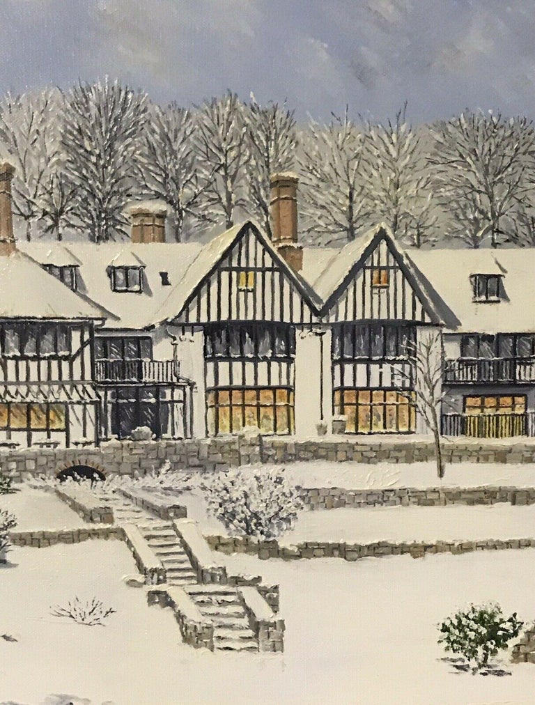 Roy Merrington - LARGE ENGLISH OIL PAINTING TUDOR HOUSES IN WINTER SNOW ...