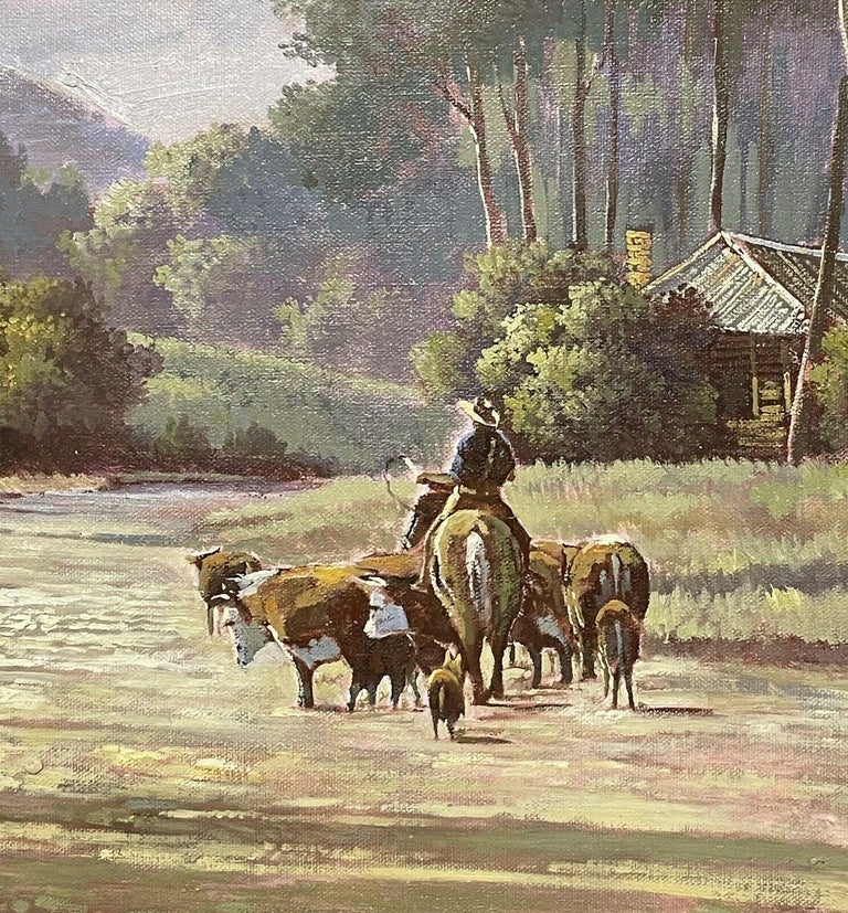 American artist - LARGE AMERICAN SIGNED OIL PAINTING - CATTLE HERDER ON ...