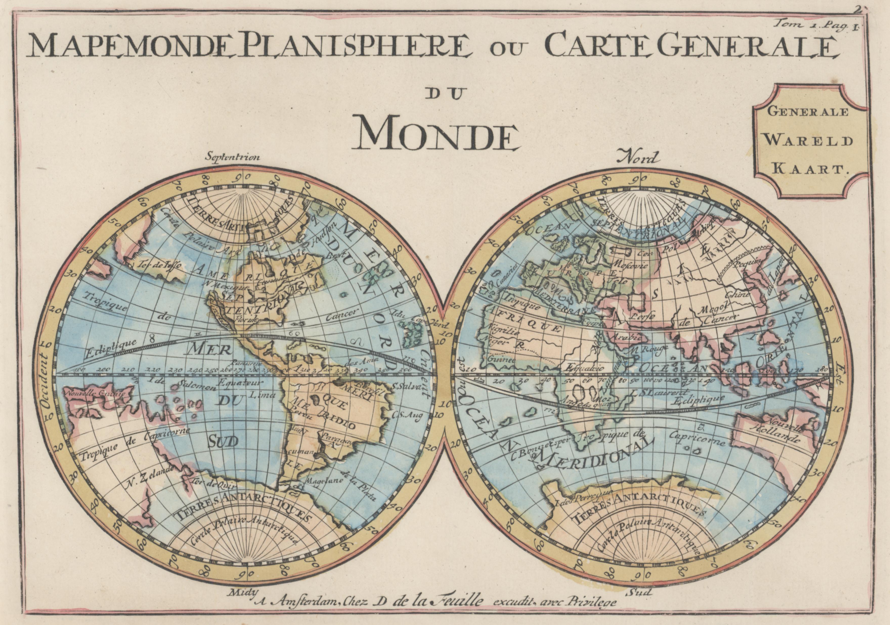 Daniel de La Feuille - 1706 de La Feuille Map of the World at 1stDibs ...