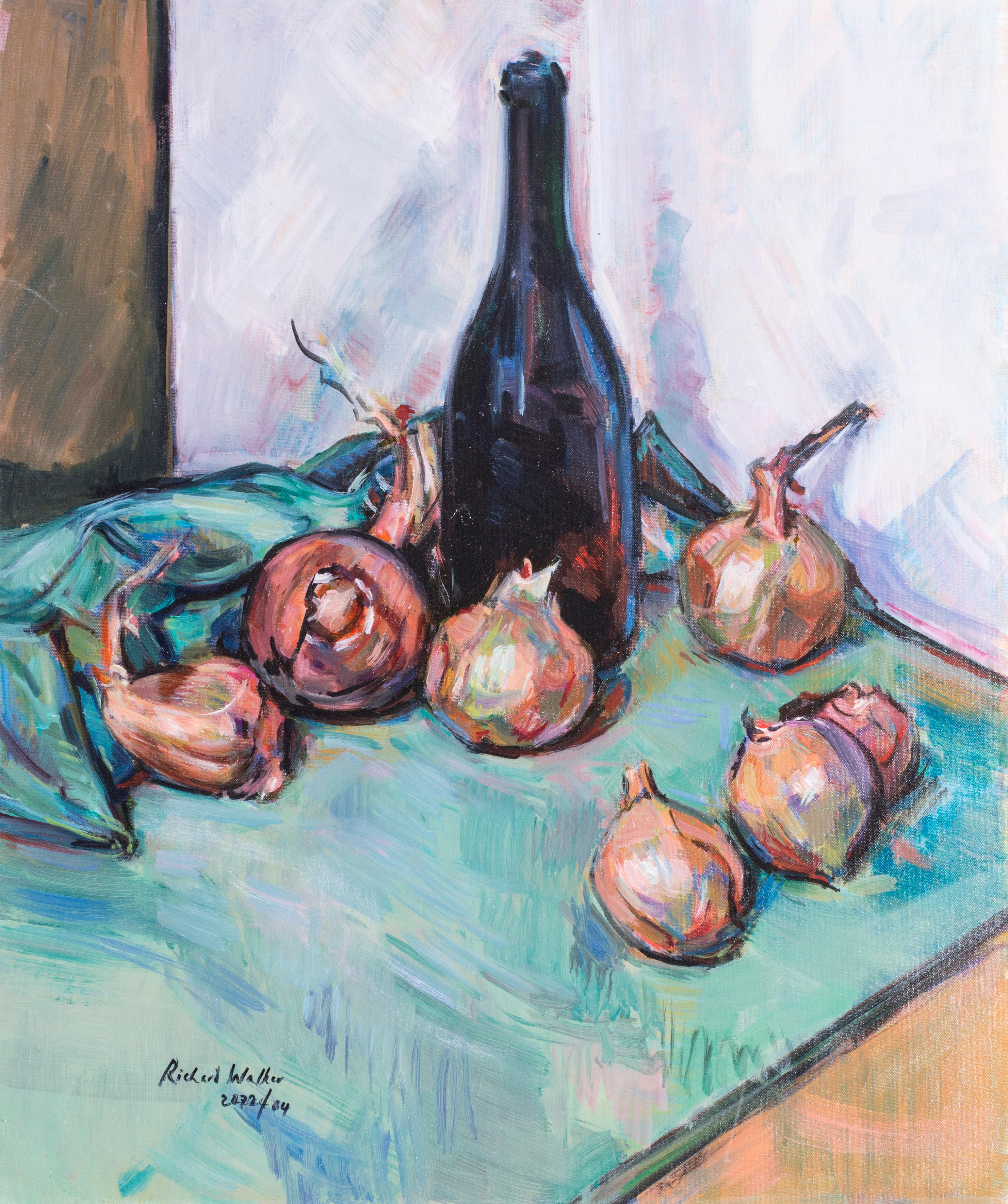 Richard Walker - Onions, 20th Century still life with strong green and ...