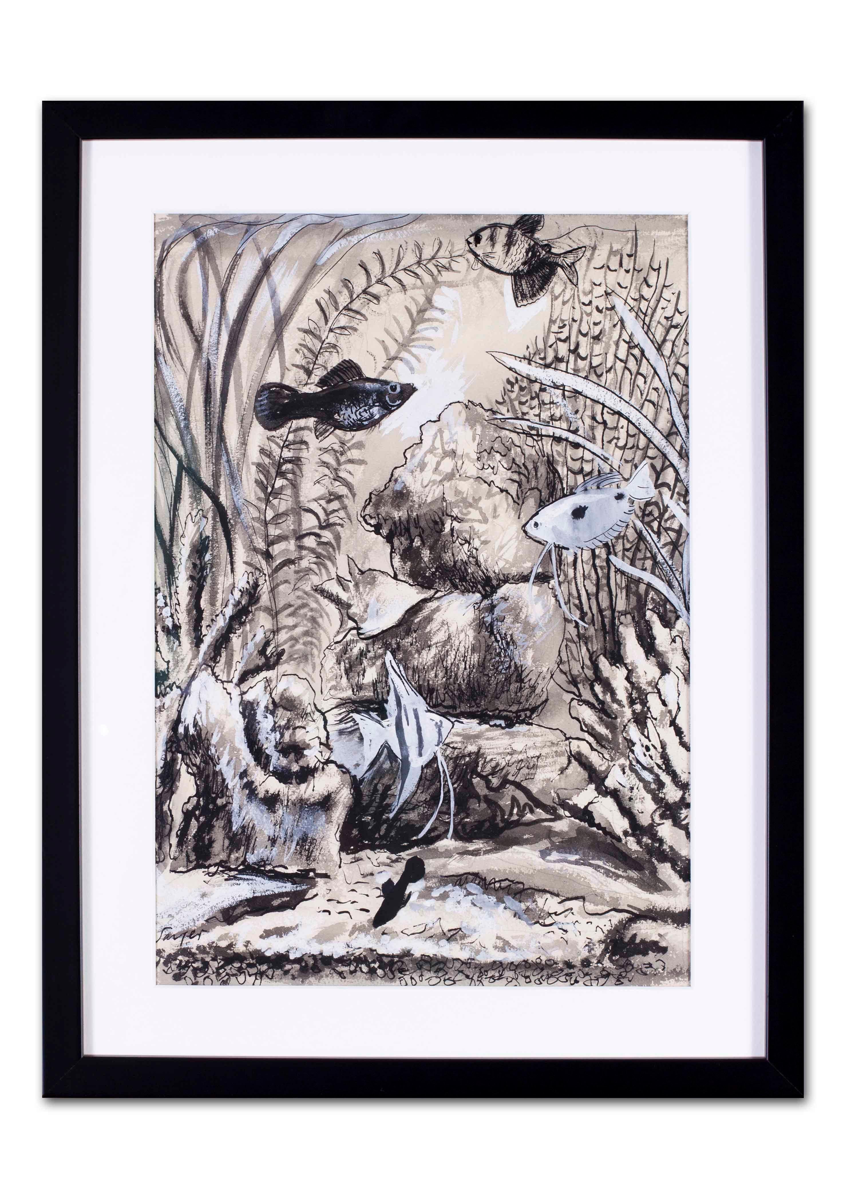 Derrick Latimer Sayer - Mid 20th Century ink on paper drawing of fish ...