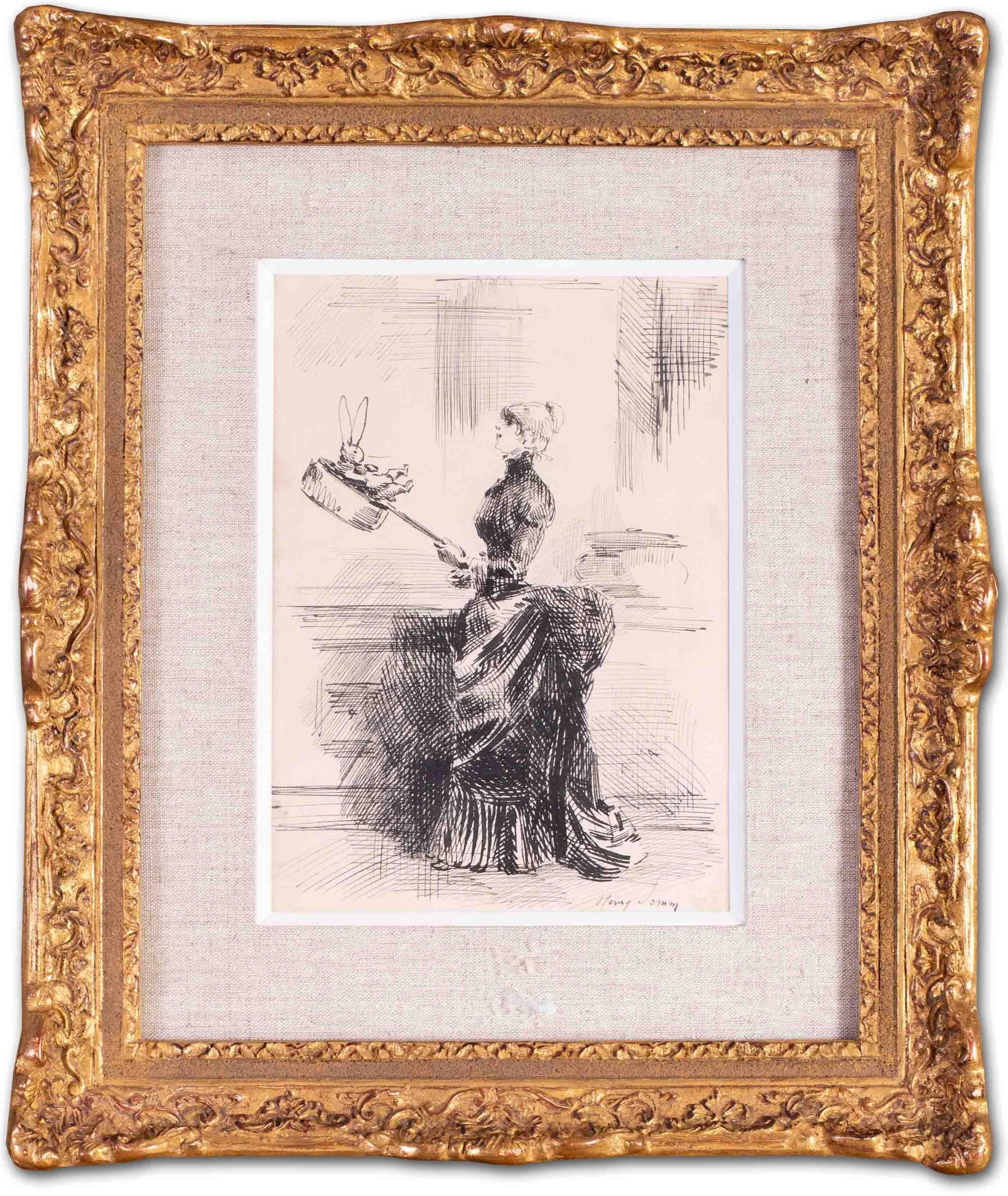 Henry Somm - 19th Century French drawing a lady with a rabbit by French ...