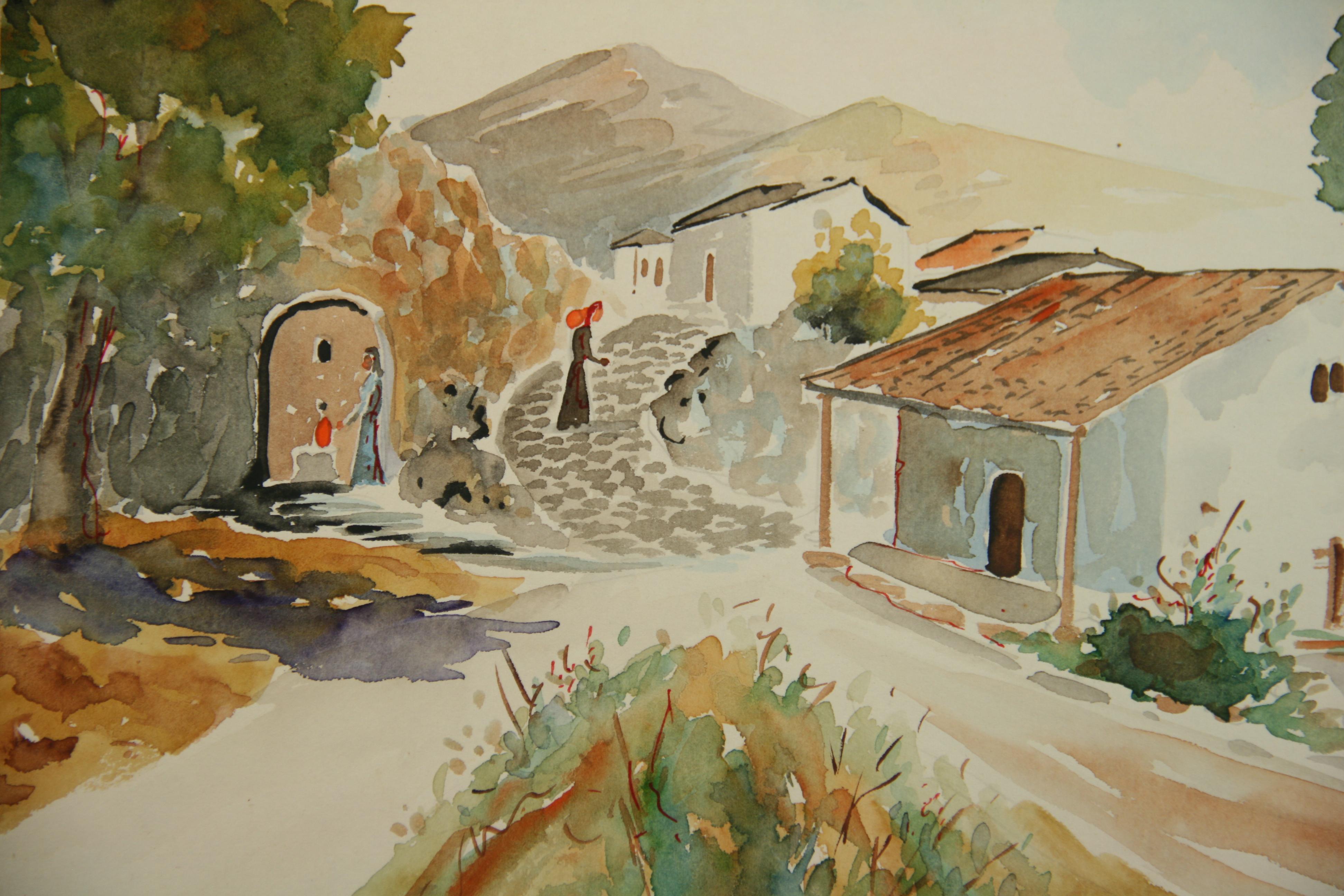 Unknown - Greek Village Scene Landscape Watercolor For Sale at 1stDibs ...