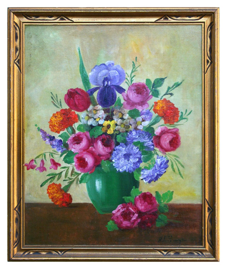 Henry Leon Sanger - Early 20th Century Vibrant Roses and Iris Bouquet ...