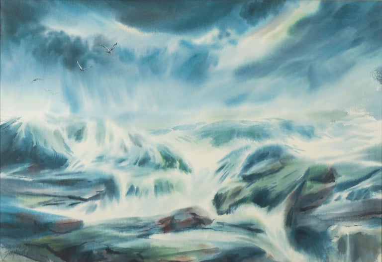 Donald Swyner - Waves Over Rocks Seascape and Seagulls For Sale at 1stDibs