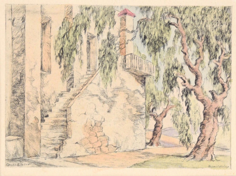 Orpha Klinker - Corkscrew Willows with Stairs - Hand Colored Drypoint ...