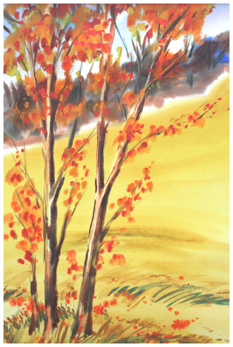 Lewis Suzuki - Aspen in Fall, 1970s Vintage Autumn Landscape Watercolor ...