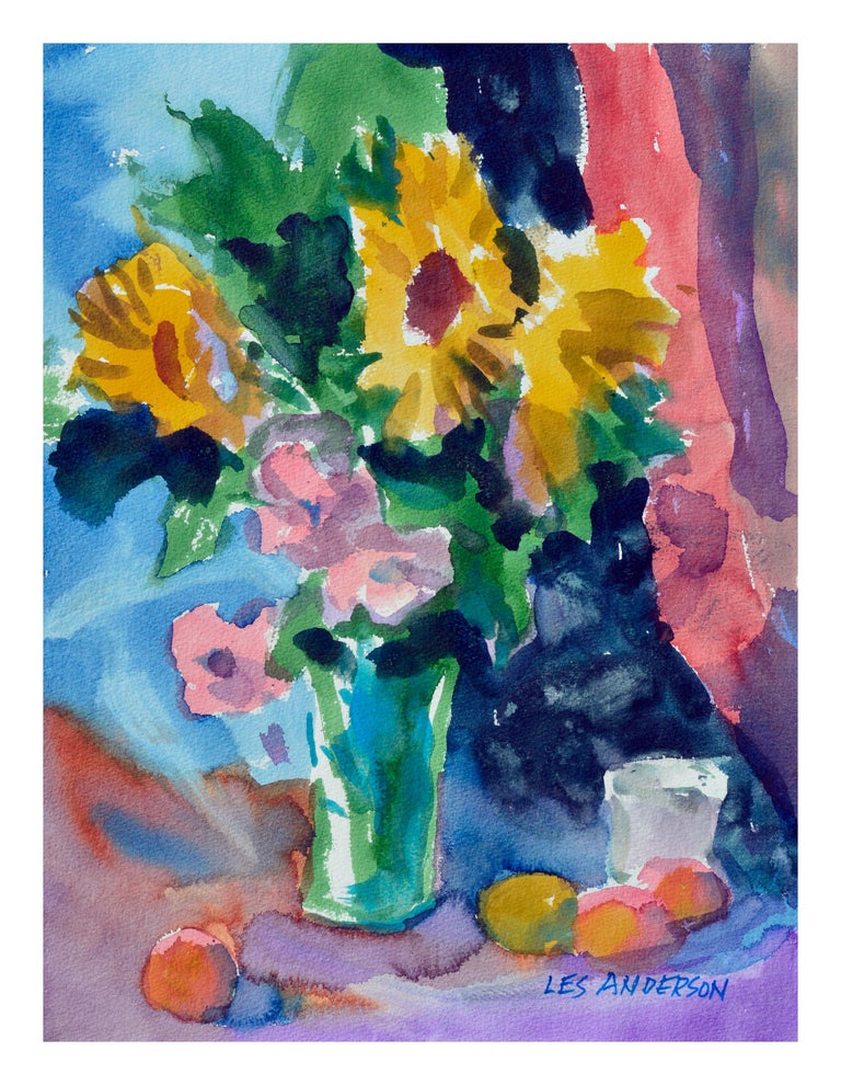 Les Anderson - Flower Bouquet with Fruit Still Life For Sale at 1stDibs