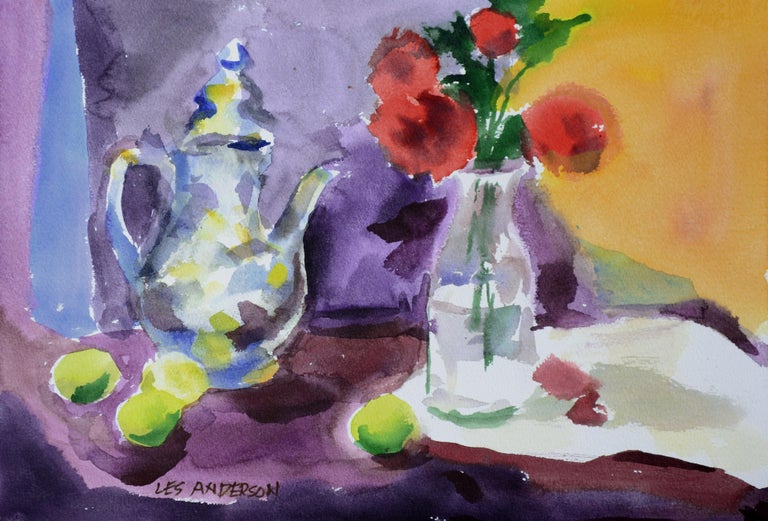 Les Anderson - Roses and Teapot with Limes Still Life at 1stDibs