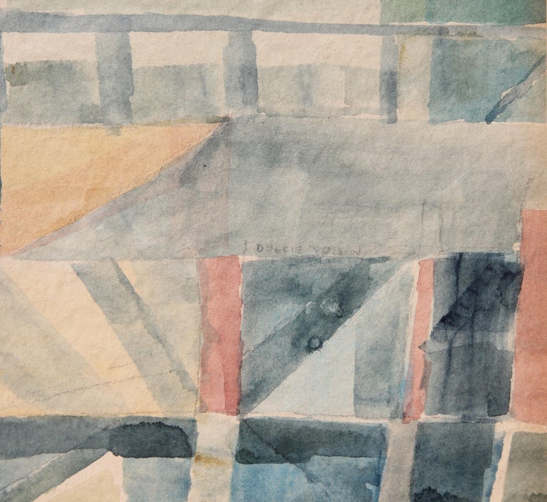Unknown - Early 1940s Abstract Cubist Watercolor Boat Dock Landscape by ...