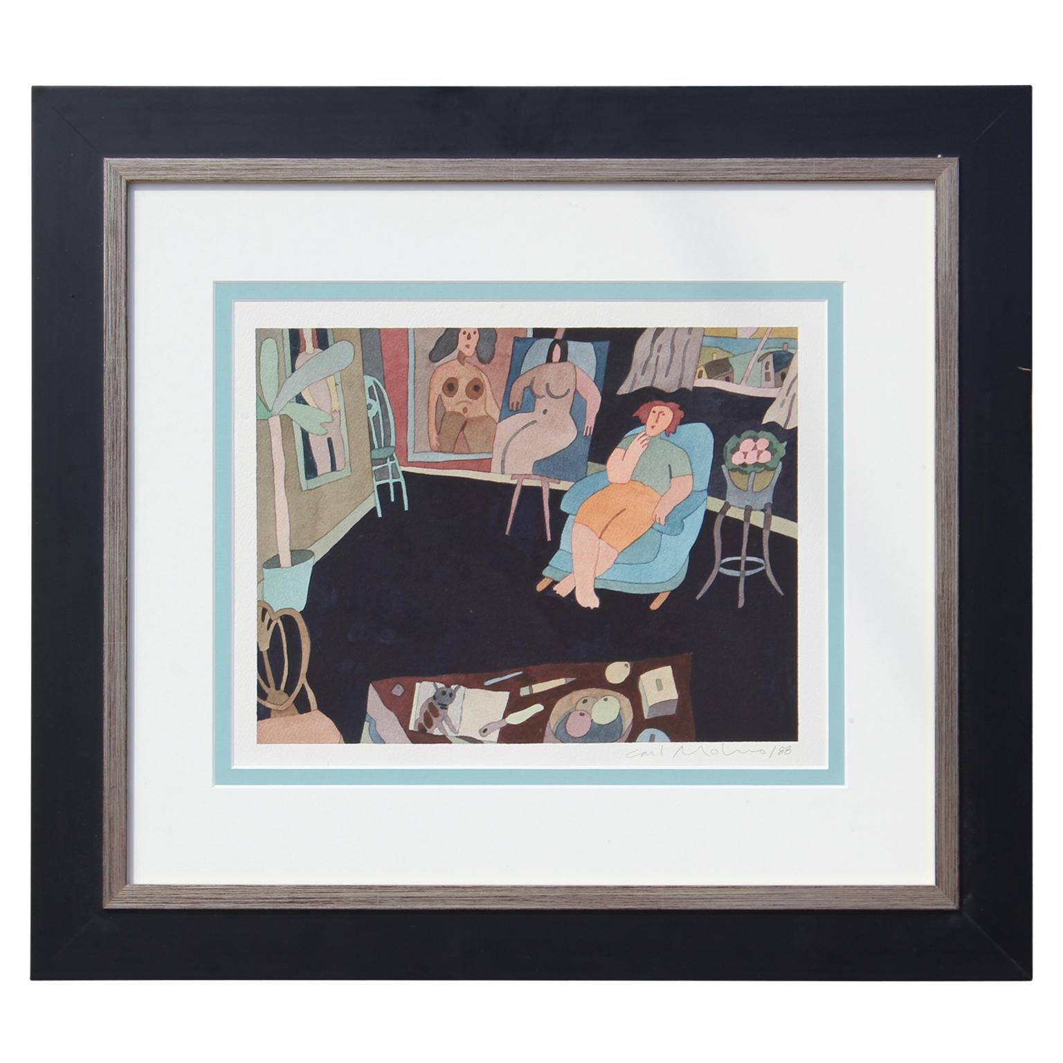 Carl Molno - Whimsical Modern Watercolor Painting of an Artist in his ...