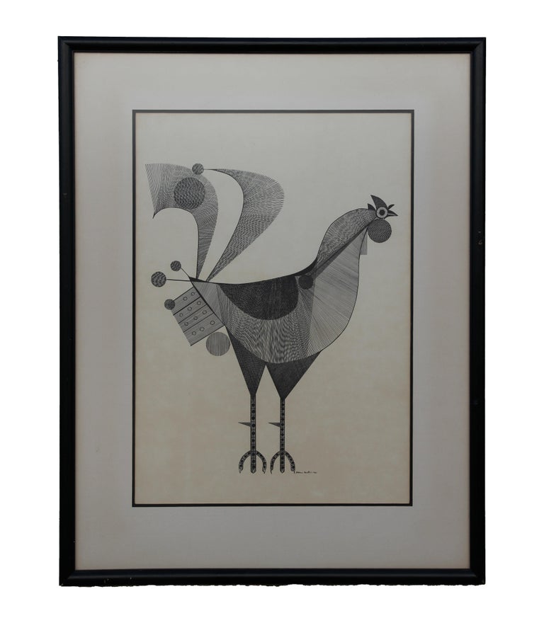 Aldemir Martins - Modern Geometric Ink Drawing of a Rooster at 1stDibs