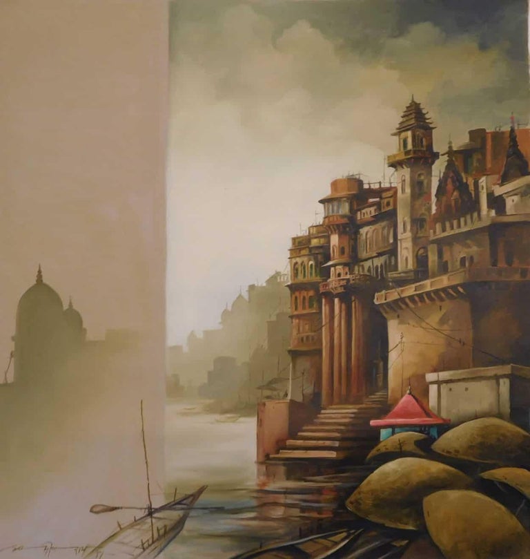 Sudip Roy - Banaras, Oil on Canvas, Yellow, Red, Colours by Contemporary Artist "In Stock" For ...