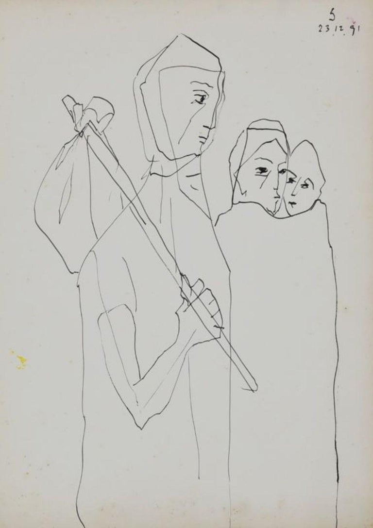 Somnath Hore - Family, Pen and Ink on Paper by Modern Indian Artist ...