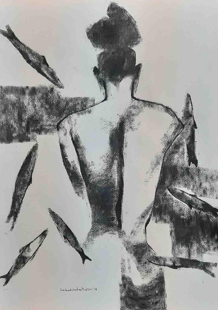 Debabrata Basu - Survival II, Charcoal on Fabriano Paper, Black, White ...