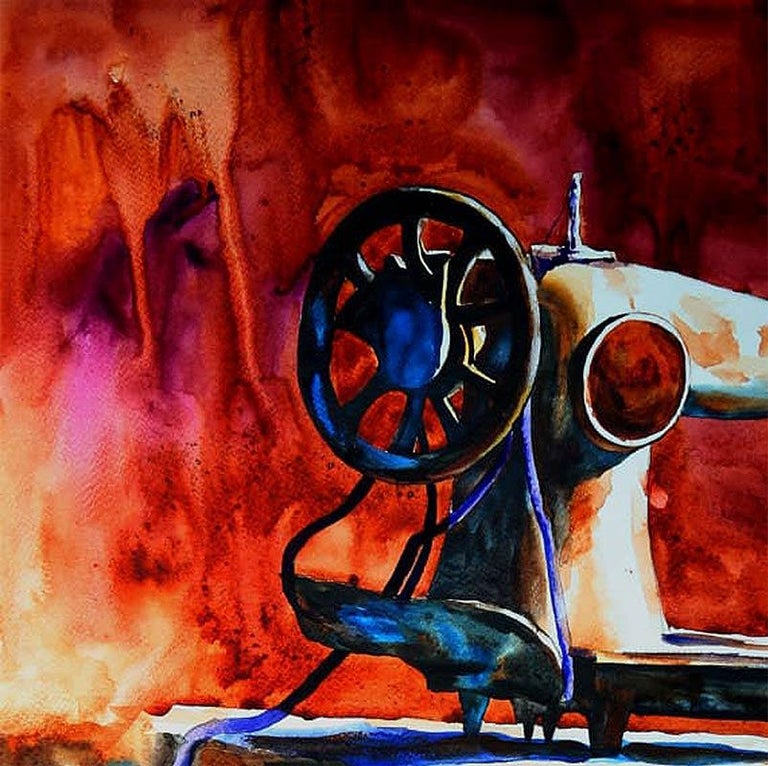Debabrata Basu - Sewing Machine, Watercolor on Paper, Red, Yellow by ...
