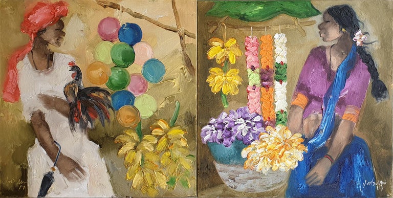JMS Mani - Man Selling Balloons and Woman Flowers, Oil on Canvas Brown ...
