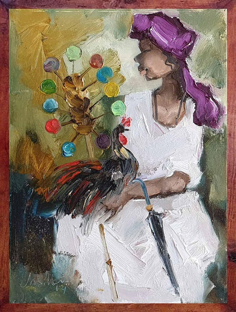 JMS Mani - Badami People, Oil on Canvas, White Purple Green Color "In ...