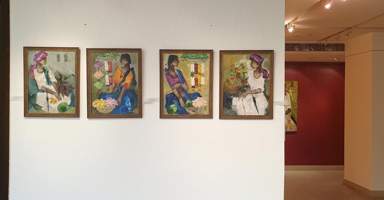 JMS Mani - Badami People, Oil on Canvas, White Purple Green Color "In ...