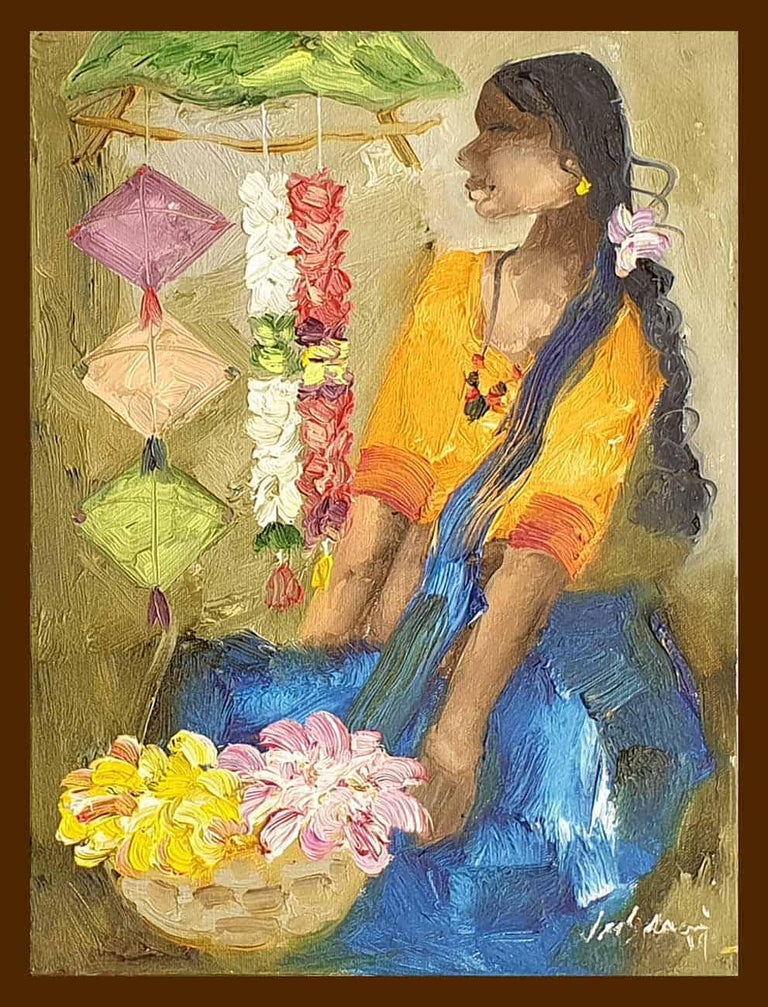 JMS Mani - Badami People, Oil on Canvas,Yellow, Blue by Contemporary ...