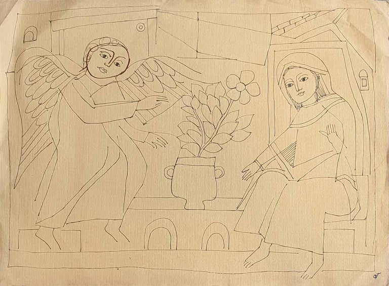 Badri Narayan - Fairy and Woman, dessin, encre sur papier de l'artiste ...