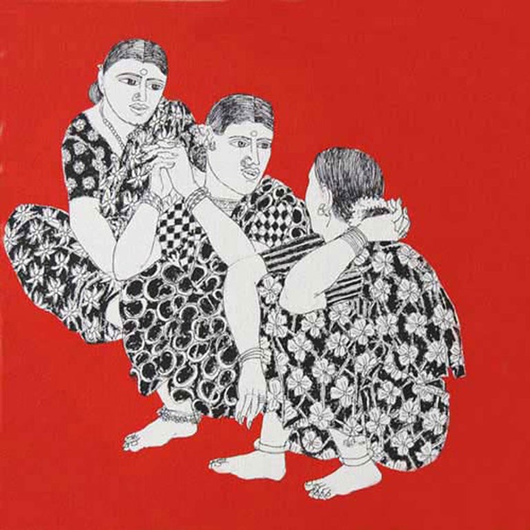 Laxman Aeley - Village Women, Gossip, Acrylic on Canvas, Red by South ...