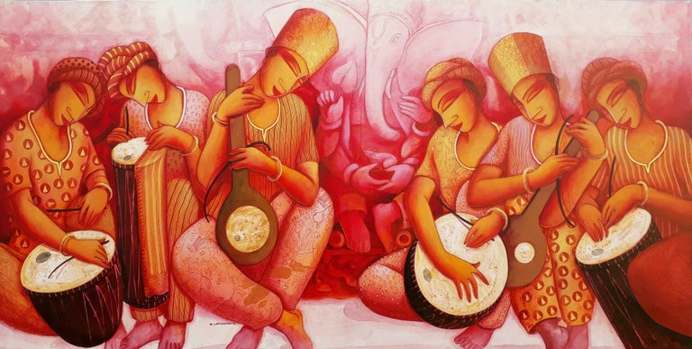 Samir Sarkar - Musicians, Acrylic on Canvas, Red, Yellow, Pink by Contemporary Artist"In Stock ...