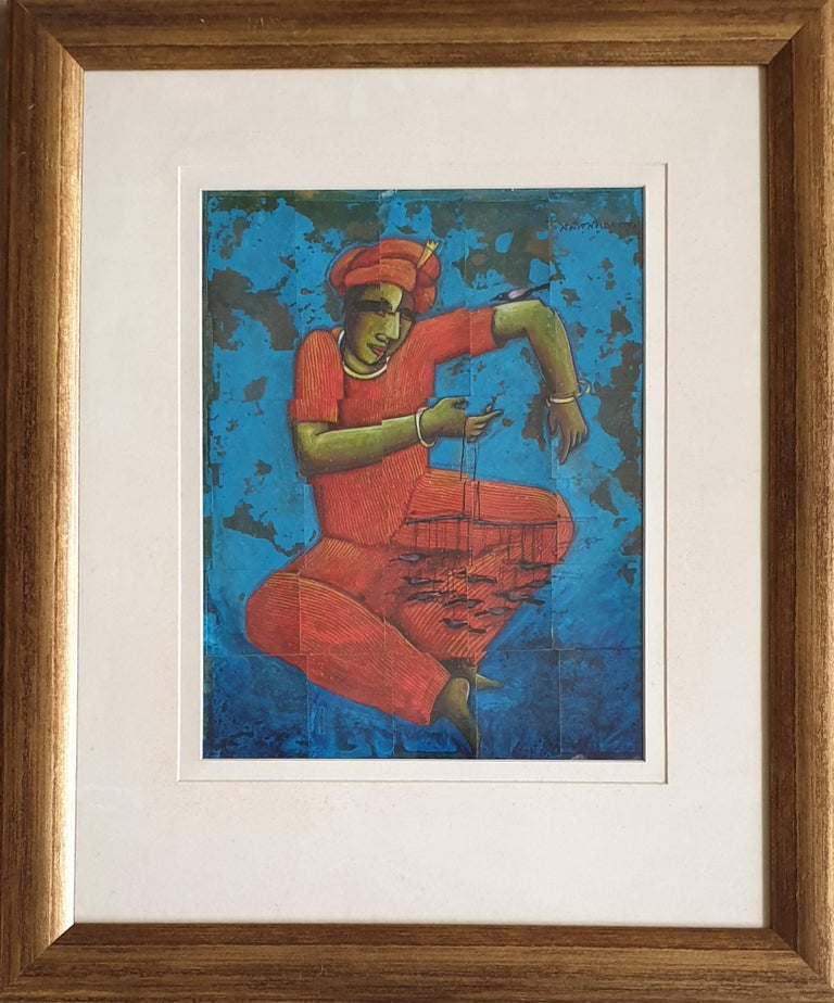 Samir Sarkar - Man Playing with Bird, Acrylic on Stripped Board ...