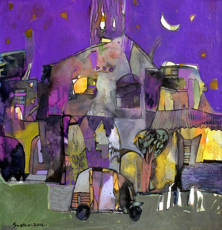 Subha Basu - Night, Gouache on Acid Free Paper, Blue, Yellow by Indian ...