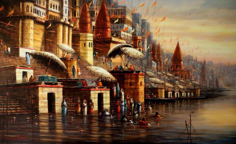 Paramesh Paul - Varanasi, Holy City, Acrylic on Canvas, Red,Yellow ...