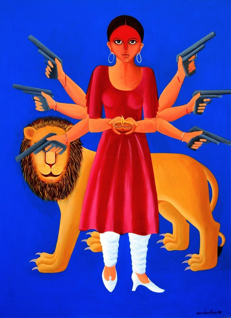 Manish Upadhyay - Durga-3, Acrylic on Canvas, Blue, Red, Yellow by ...