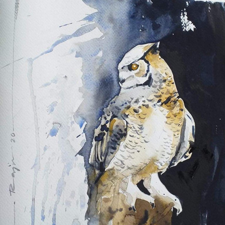 Raju Sarkar - Owl, Watercolour on Paper by Contemporary Artist “In ...