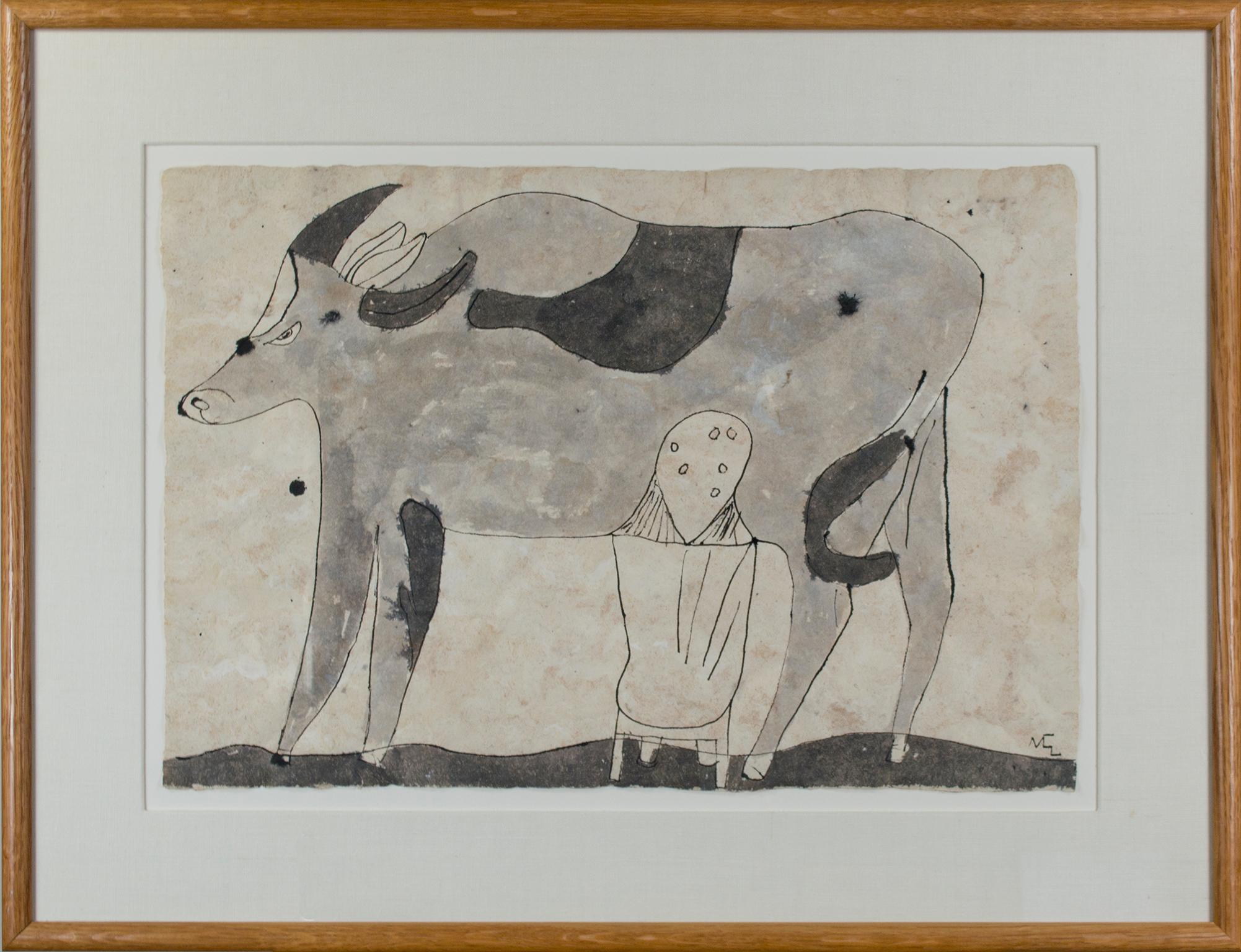 Miguel Castro Leñero - "Woman Milking a Cow" Ink on Handmade Amate ...